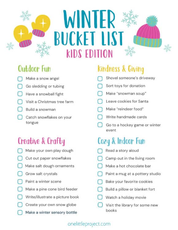 Winter Bucket List - Printable Ideas for Kids, Teens, & Adults